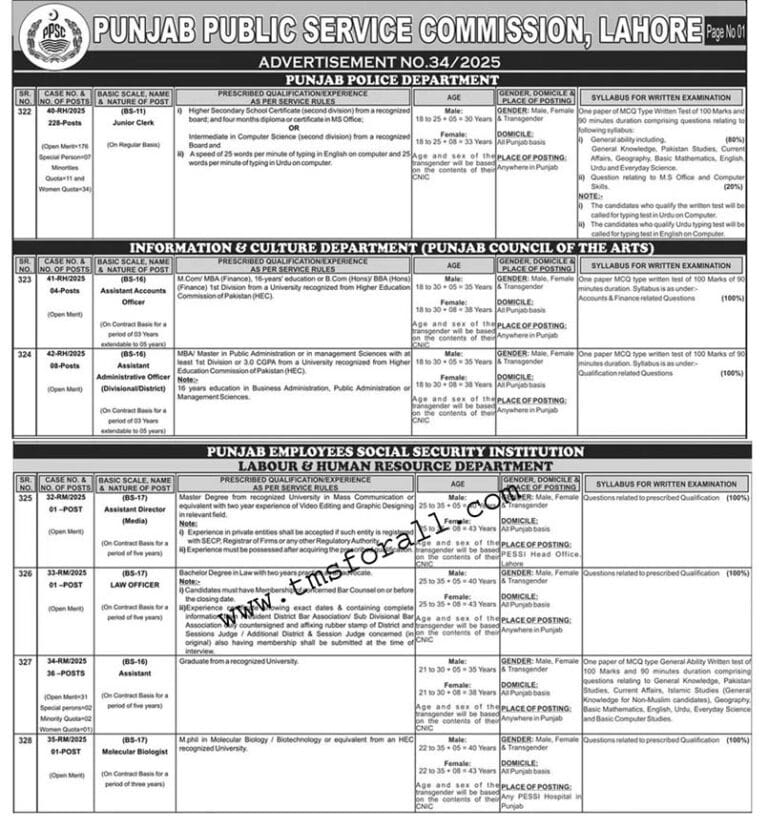 Latest PPSC Jobs Advertisement No 34/2025-Apply Online
