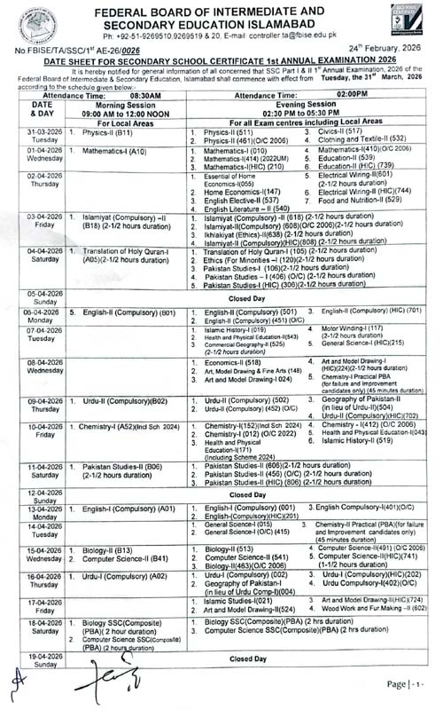 Federal Board Has Announced FBISE Matric Date Sheet 2026