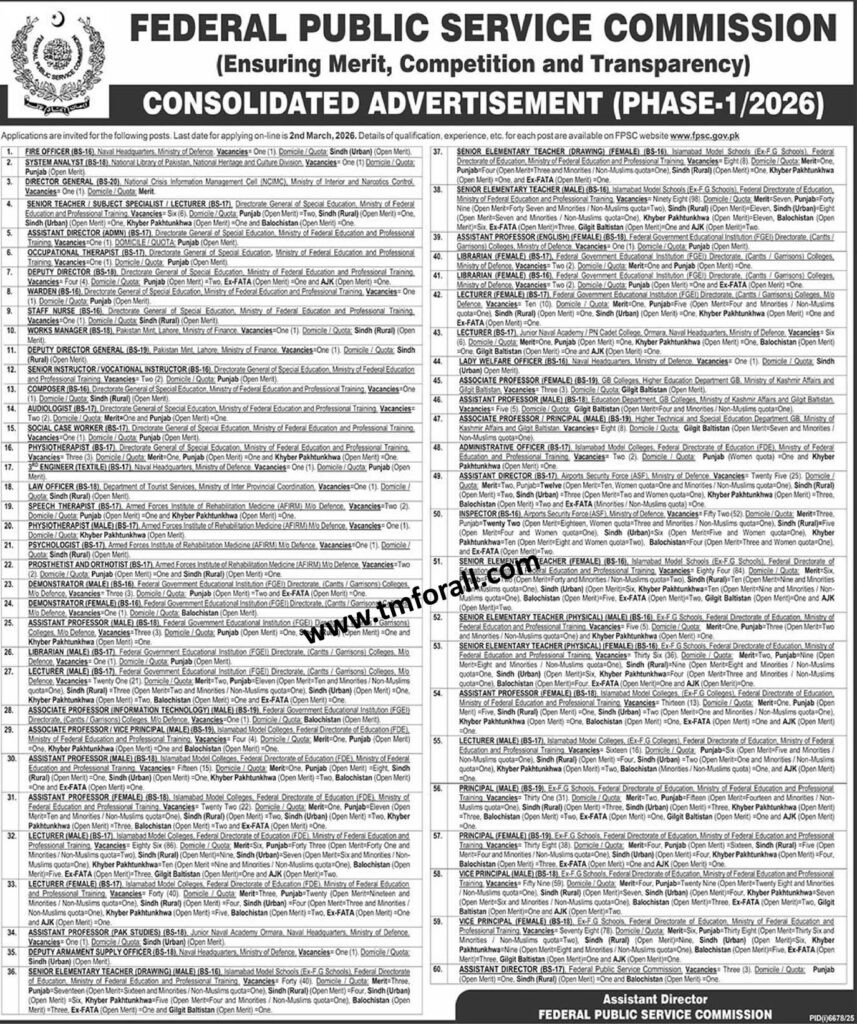 FPSC Teaching Jobs 2026- Elementary School Teachers And Others